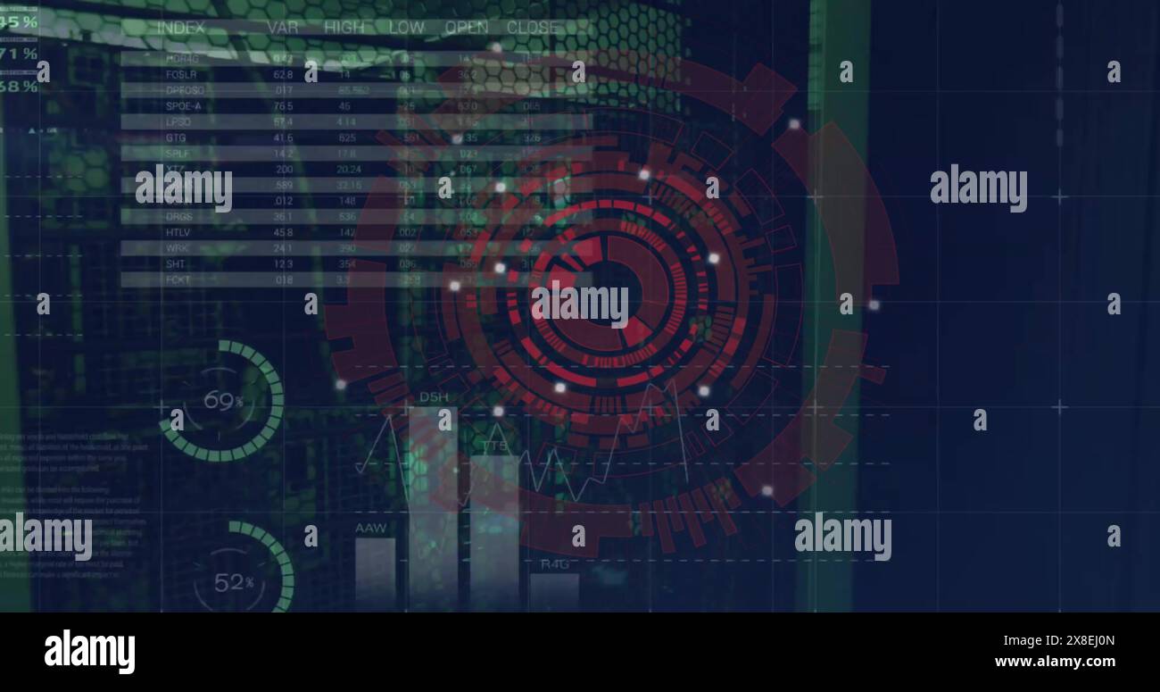Image of circular scanner and data processing on interface screens over computer server room ...