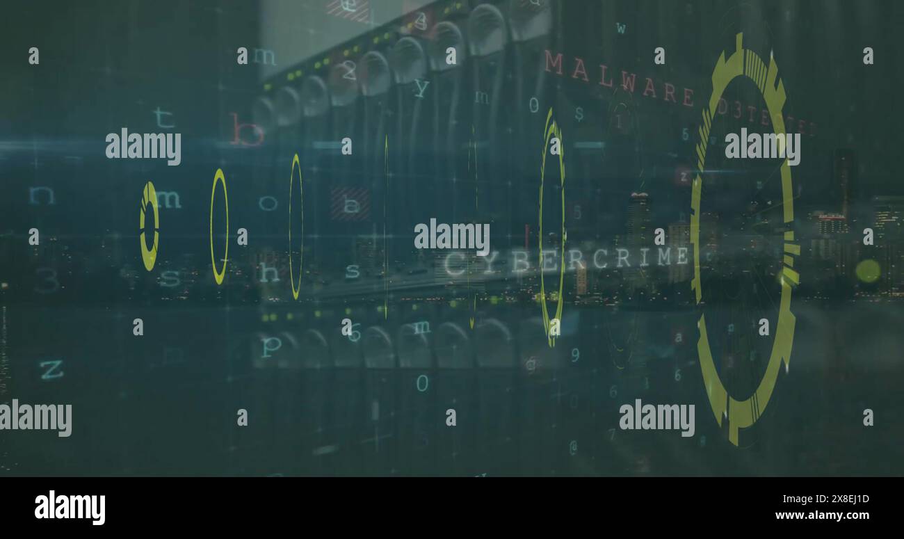 Image of circular scanner, data processing and security warning text over computer server room ...