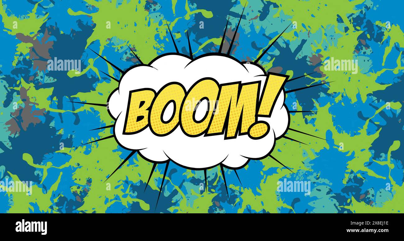 Image of boom text on white explosion cloud over green and blue paint ...