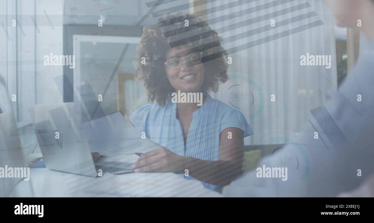 Image of financial data processing and people walking over diverse ...