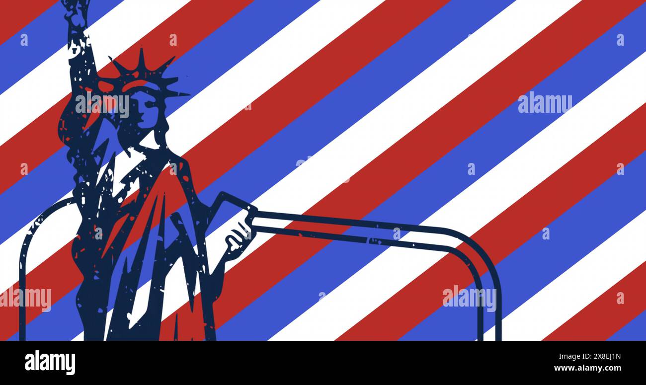 Image of stripes and stars coloured with flag of usa over statue of ...