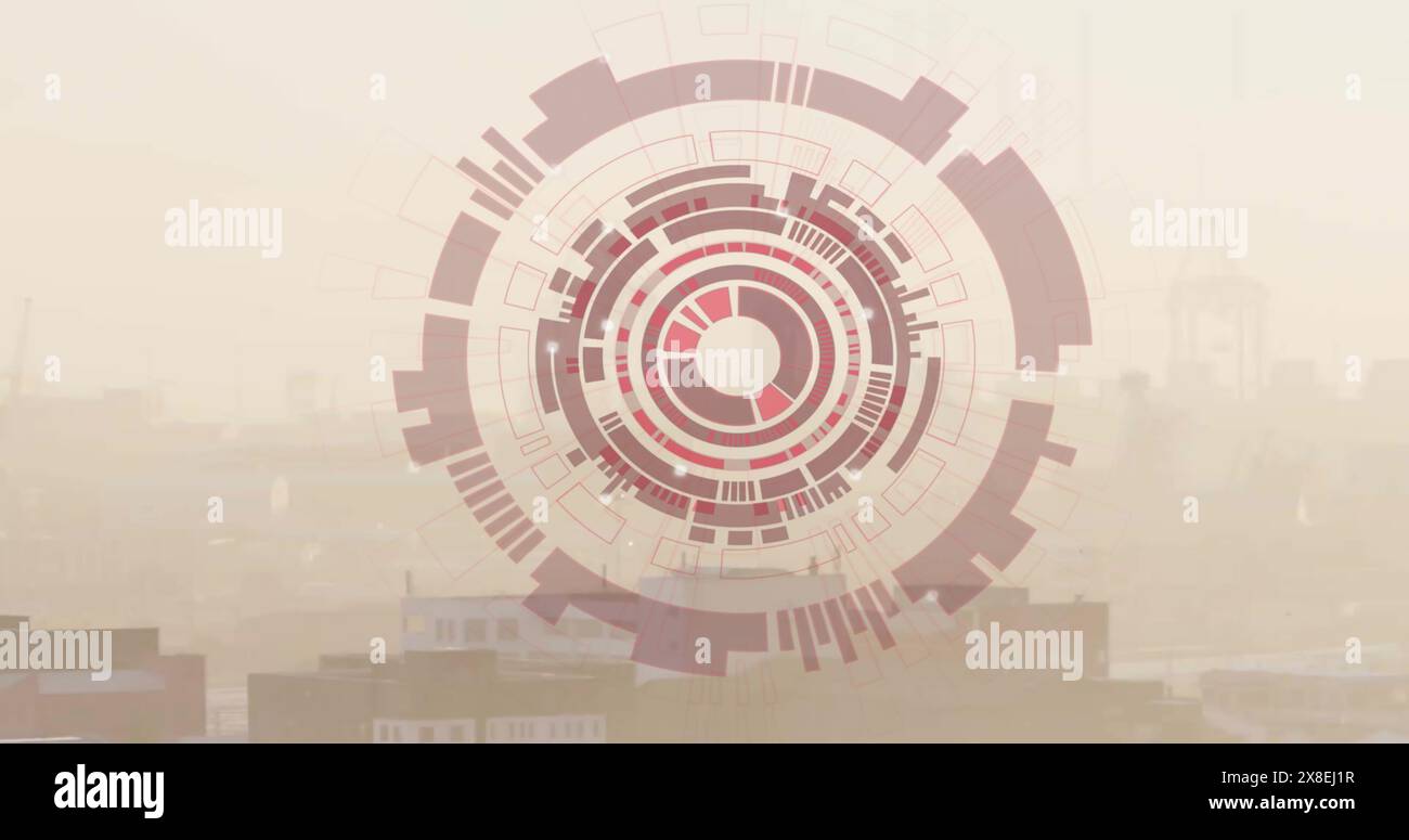 Image of circular scanner, red globe and data processing over cityscape ...
