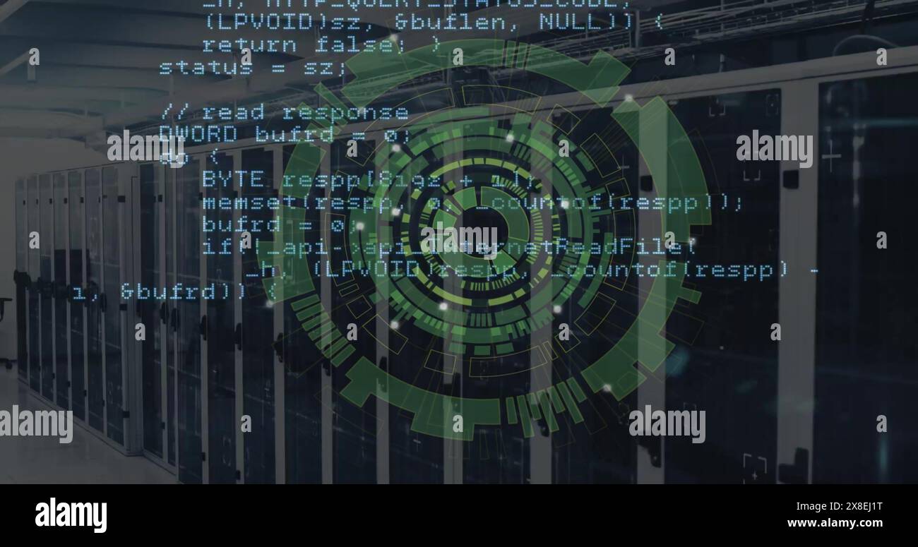 Image of data coding and circular scanner over server room Stock Photo ...