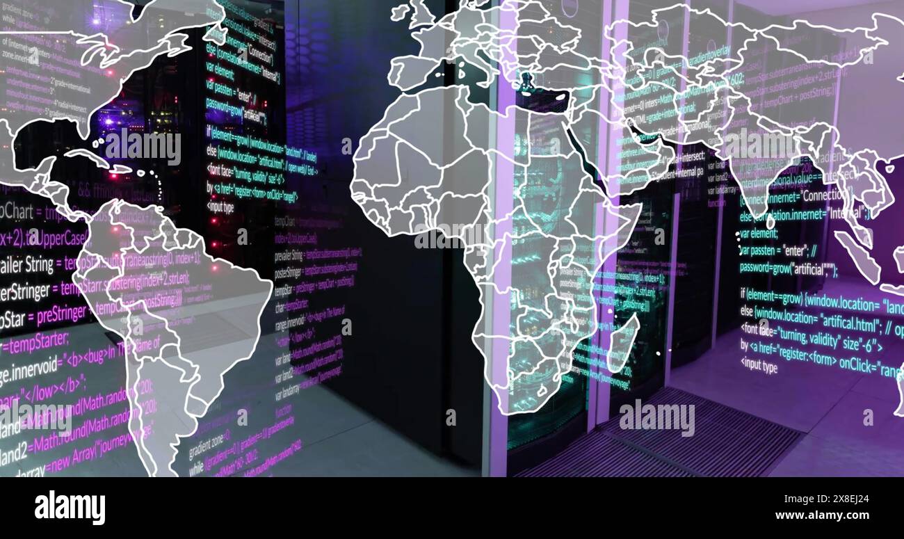 Image of world map and data processing over computer server room Stock ...