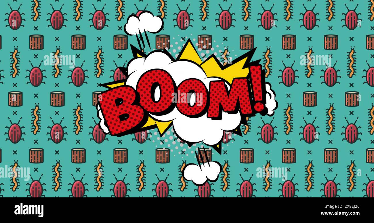 Image of boom text in red on explosion cloud over insects on blue ...