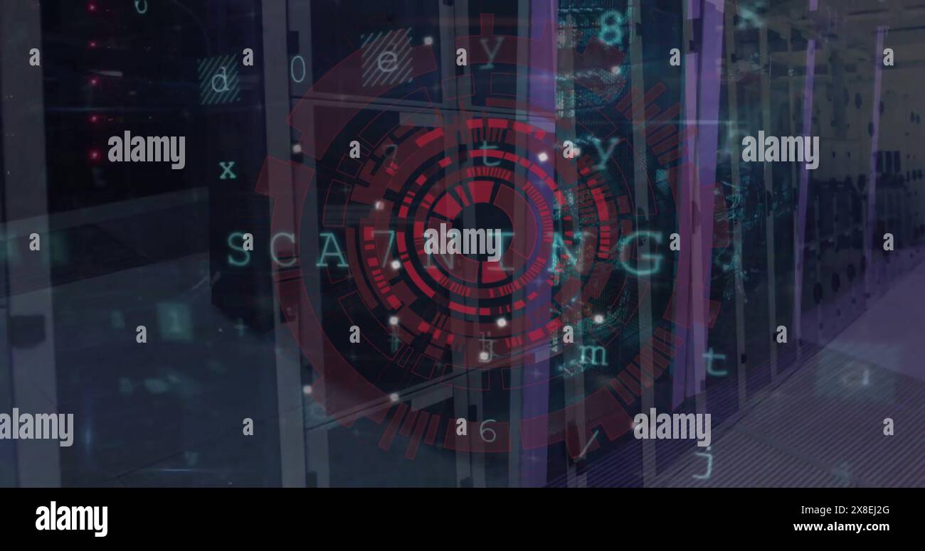 Image of circular scanner, data processing and security warning text over computer server room ...