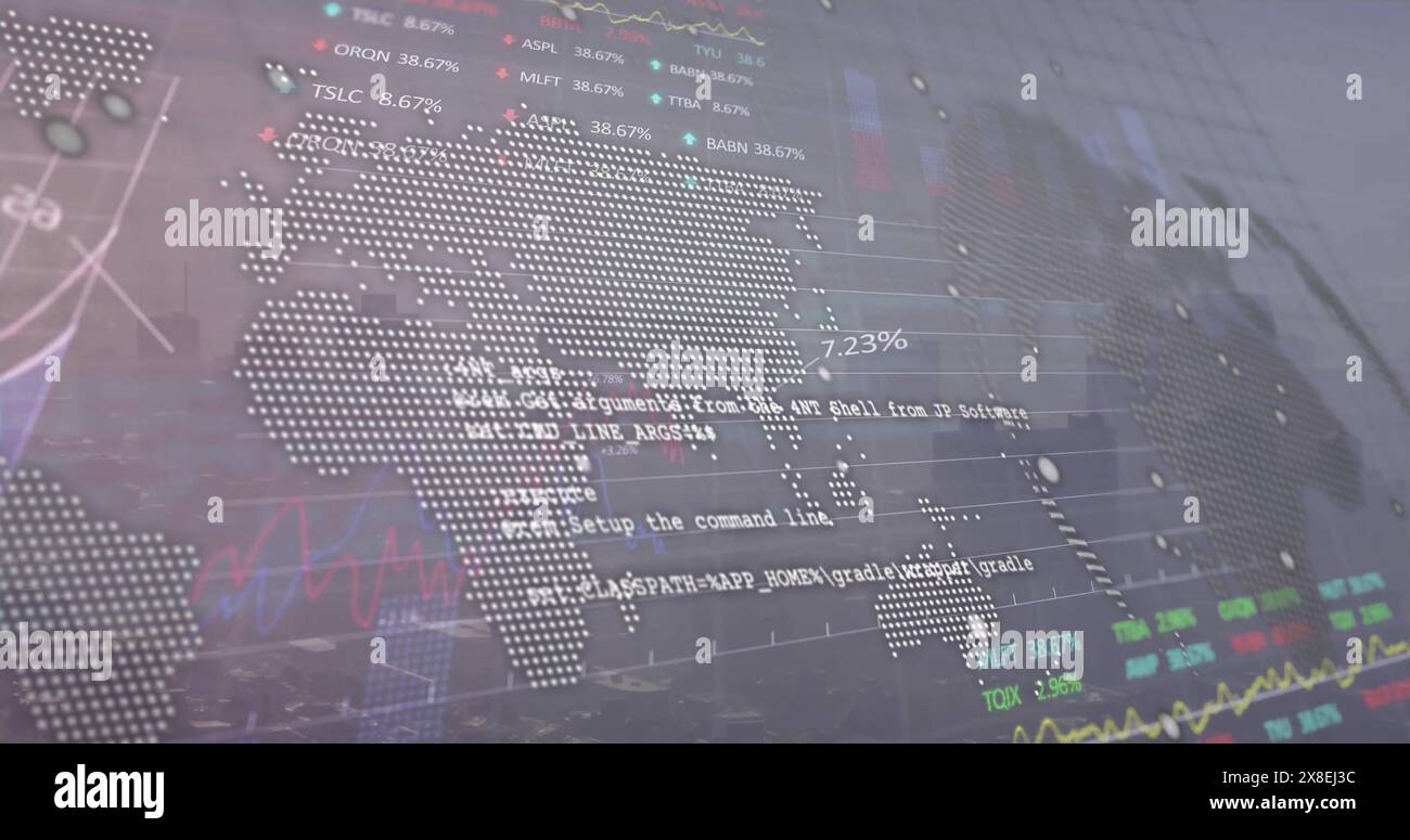 Image of data processing and world map over cityscape Stock Photo - Alamy