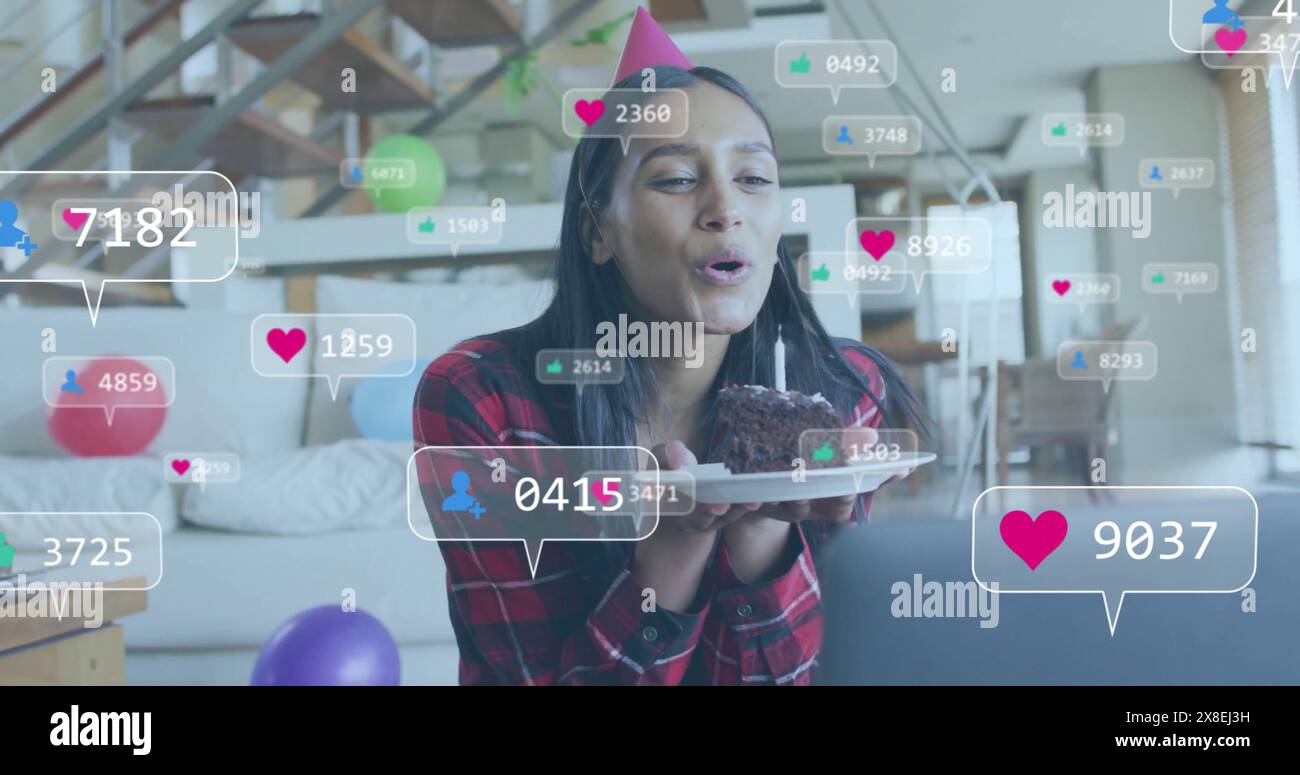 Image of social media data processing over biracial woman with birthday ...