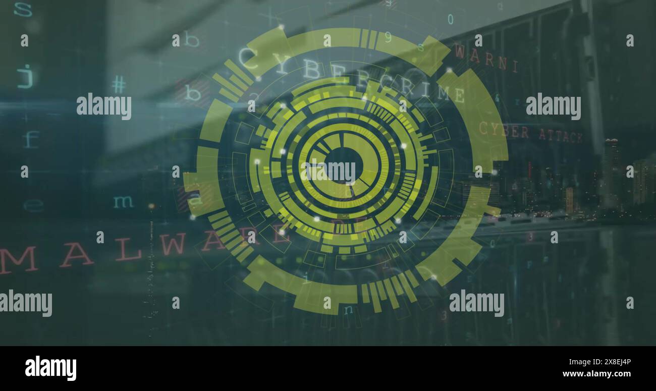 Image of circular scanner, data processing and security warning text over computer server room ...