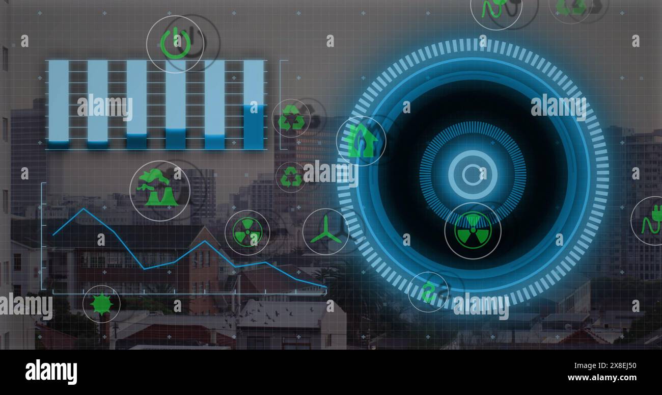 Image of eco icons, data processing and scope scanning over cityscape ...