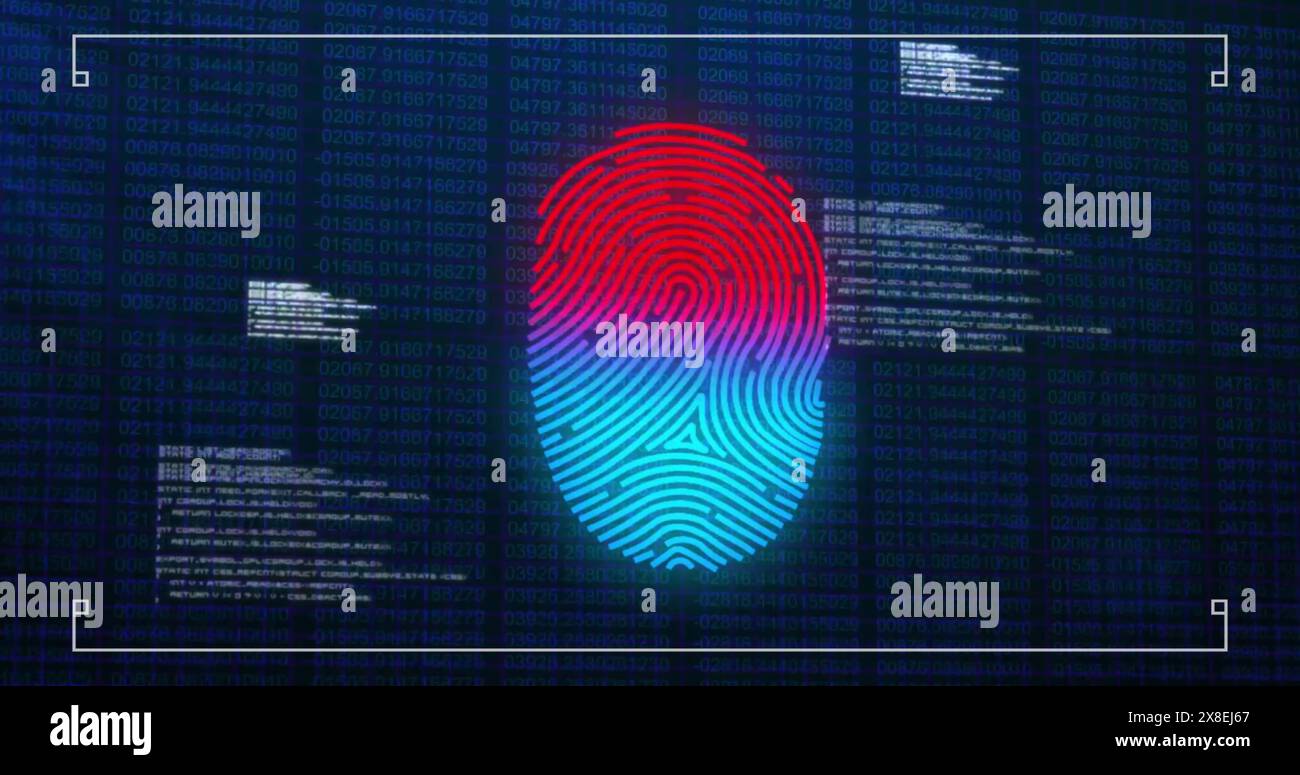 Image of data processing over biometric fingerprint on dark background Stock Photo - Alamy