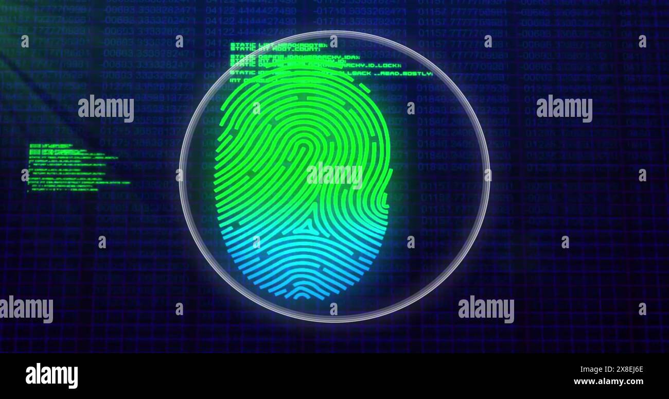 Image of data processing over biometric fingerprint on dark background Stock Photo - Alamy