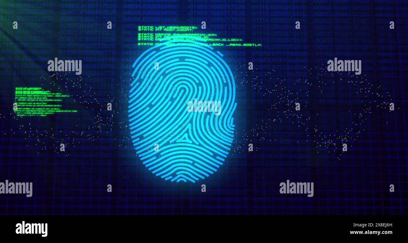 Image of data processing over biometric fingerprint on dark background Stock Photo - Alamy