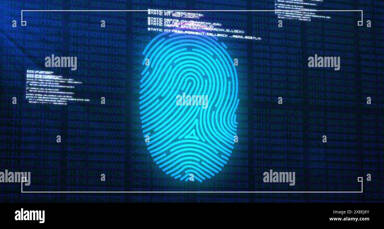 Image of data processing over biometric fingerprint on dark background Stock Photo - Alamy