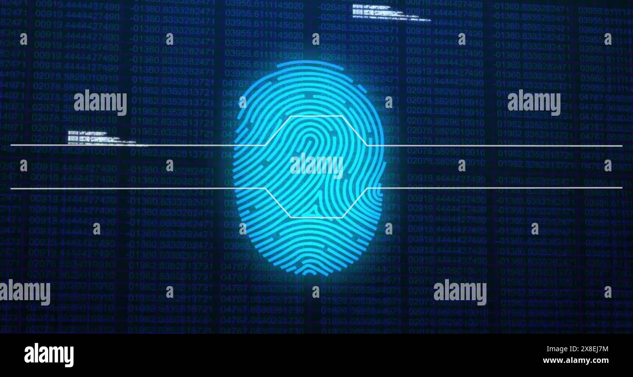 Image of data processing over biometric fingerprint on dark background Stock Photo - Alamy