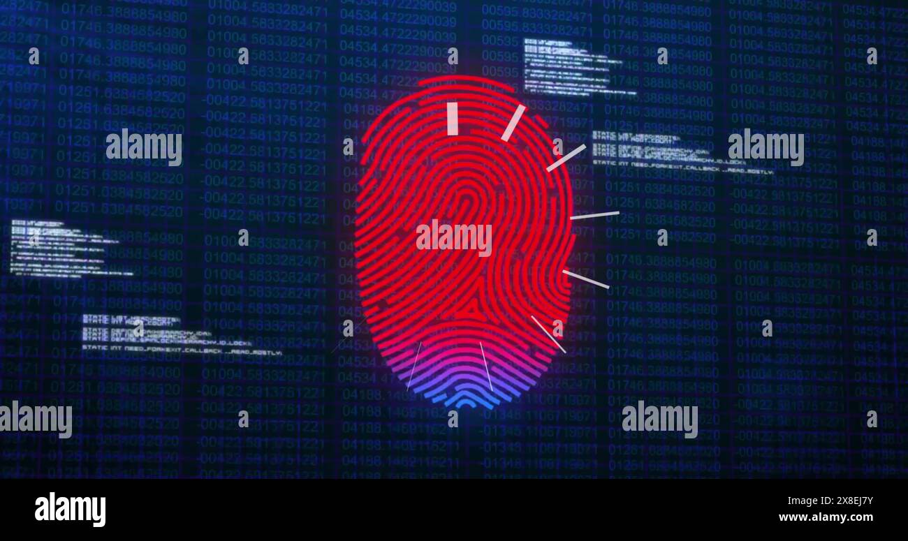 Image of data processing over biometric fingerprint on dark background Stock Photo - Alamy