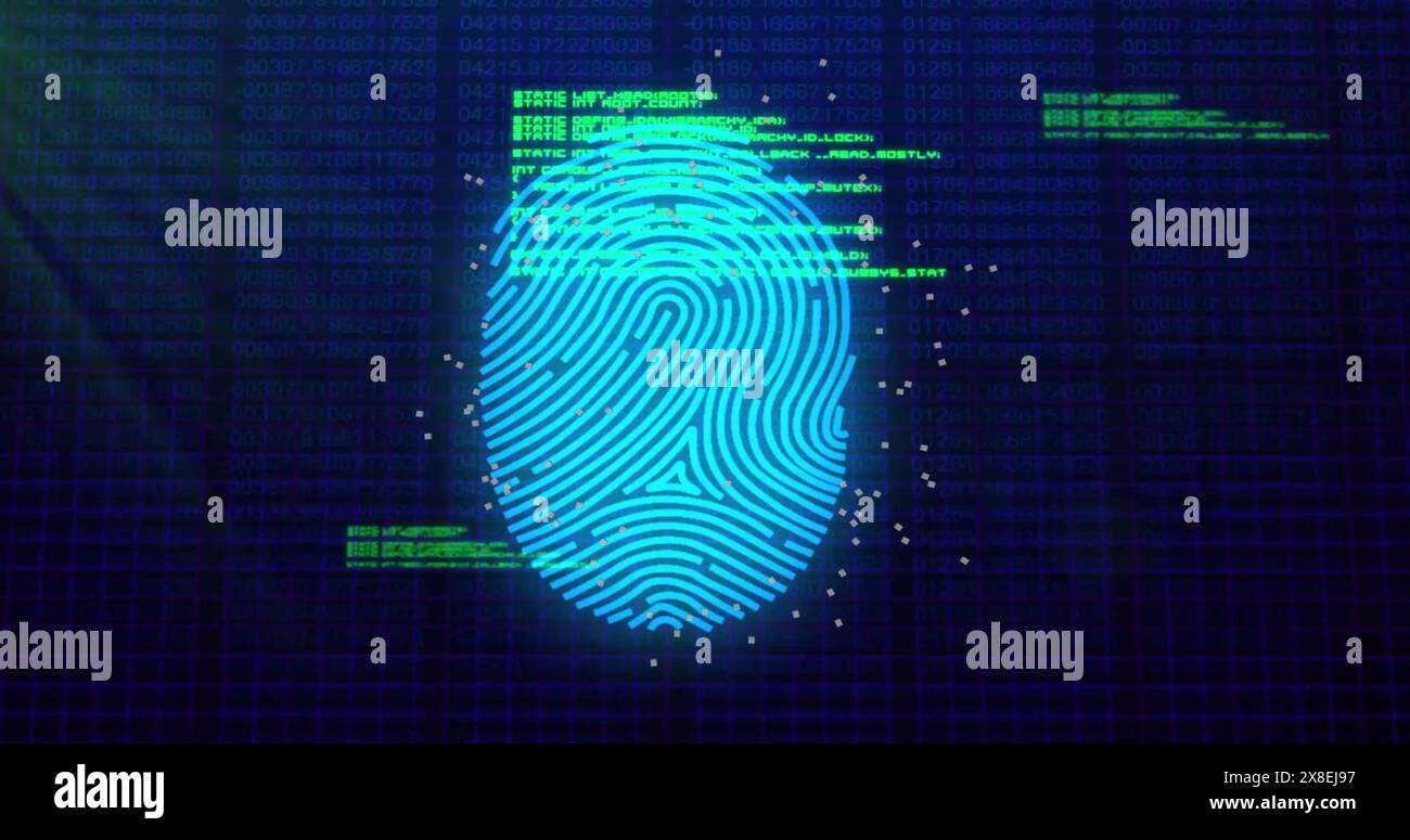 Image of data processing over biometric fingerprint on dark background Stock Photo - Alamy