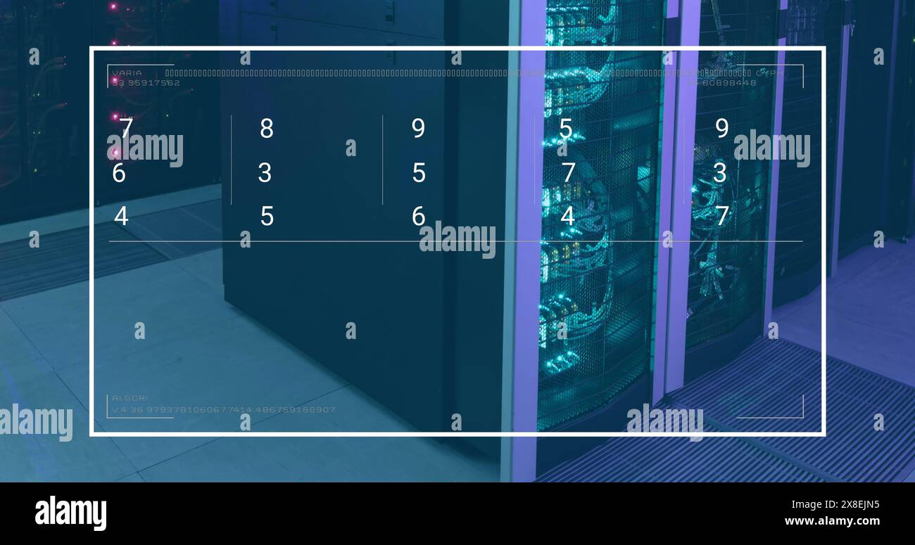 Image of numbers on screen over data server racks Stock Photo - Alamy