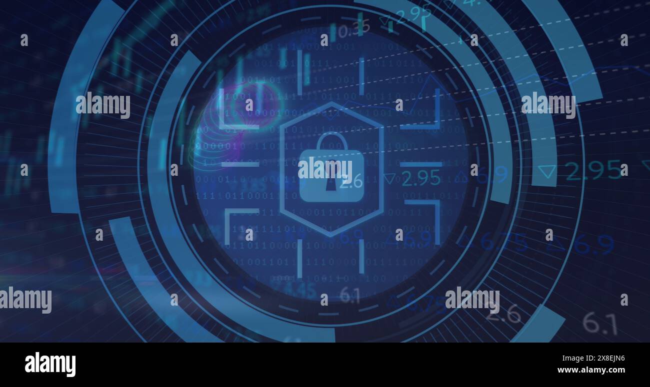 Image of padlock, moving circles with multiple graphs and trading board over abstract background ...