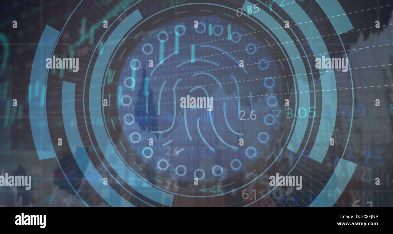 Image of fingerprint in circles, graphs and trading board over modern ...