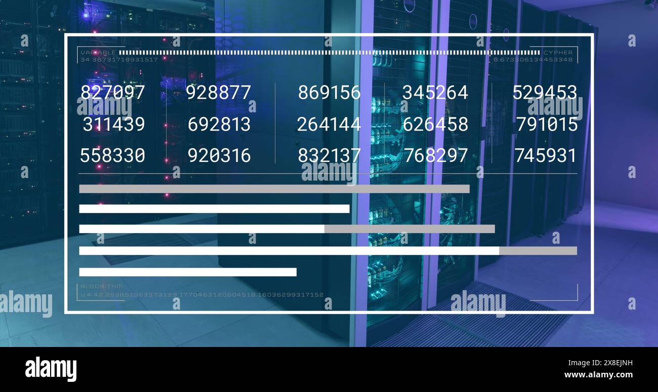 Image of numbers on screen over data server racks Stock Photo - Alamy