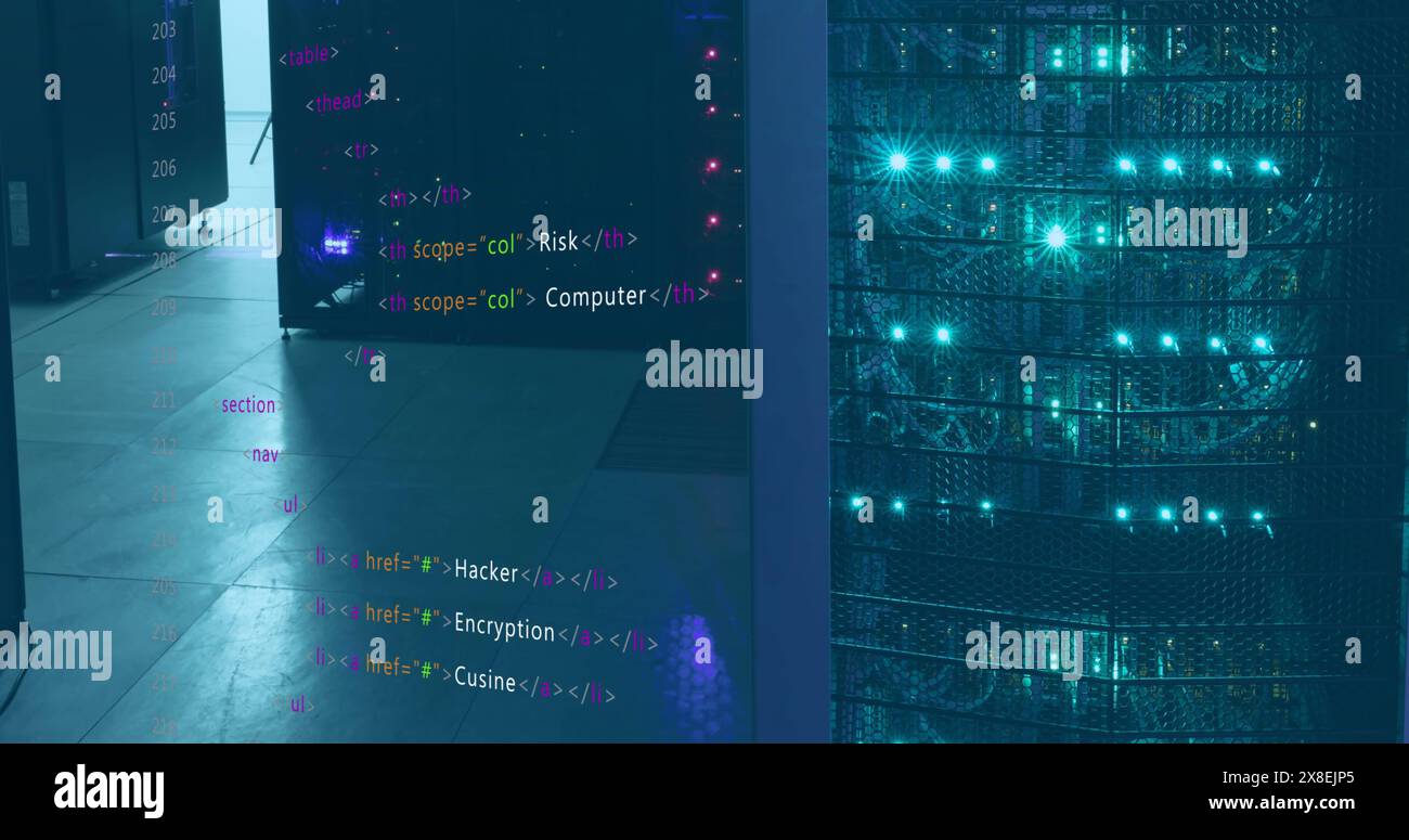 Image of programming language over data server racks Stock Photo - Alamy