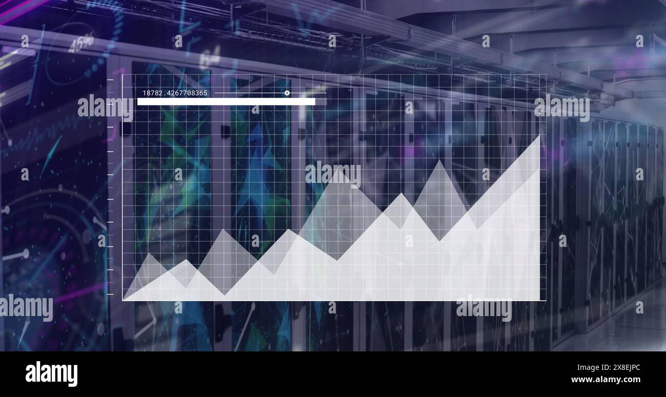 Image of graphs and loading bars over globe and connected dots over data server systems Stock ...