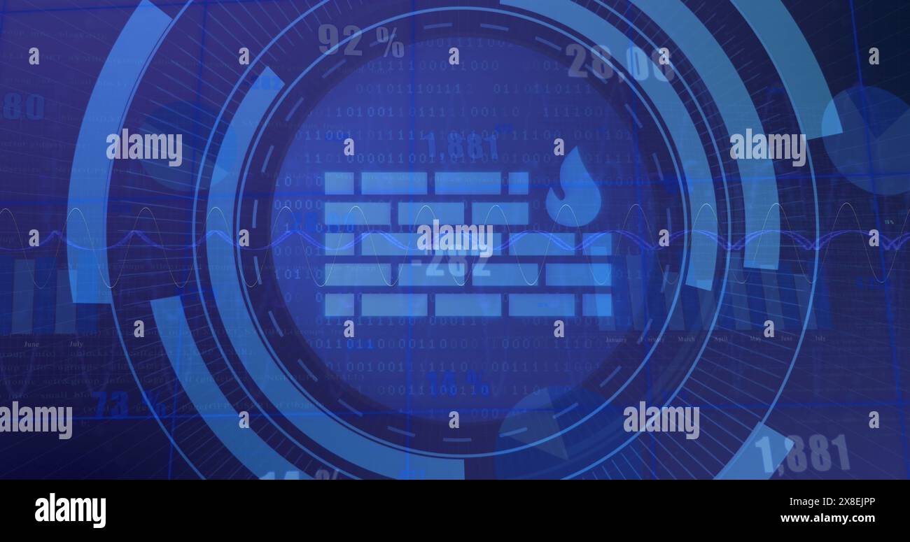 Image of firewall icon in loading circles, graphs, numbers, binary codes over blue background ...