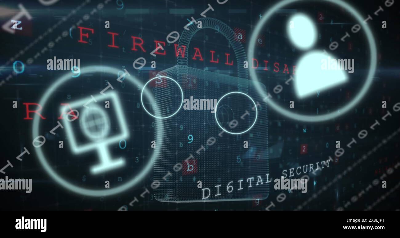 Image of multiple icon in circles, binary codes, padlock, texts, letters, numbers and symbols ...