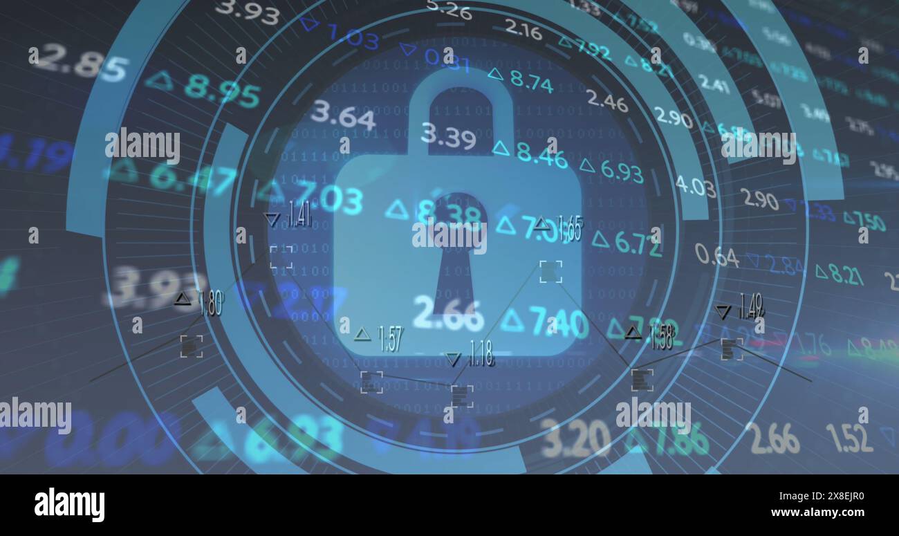 Image of padlock in loading circles, changing numbers, trading board ...