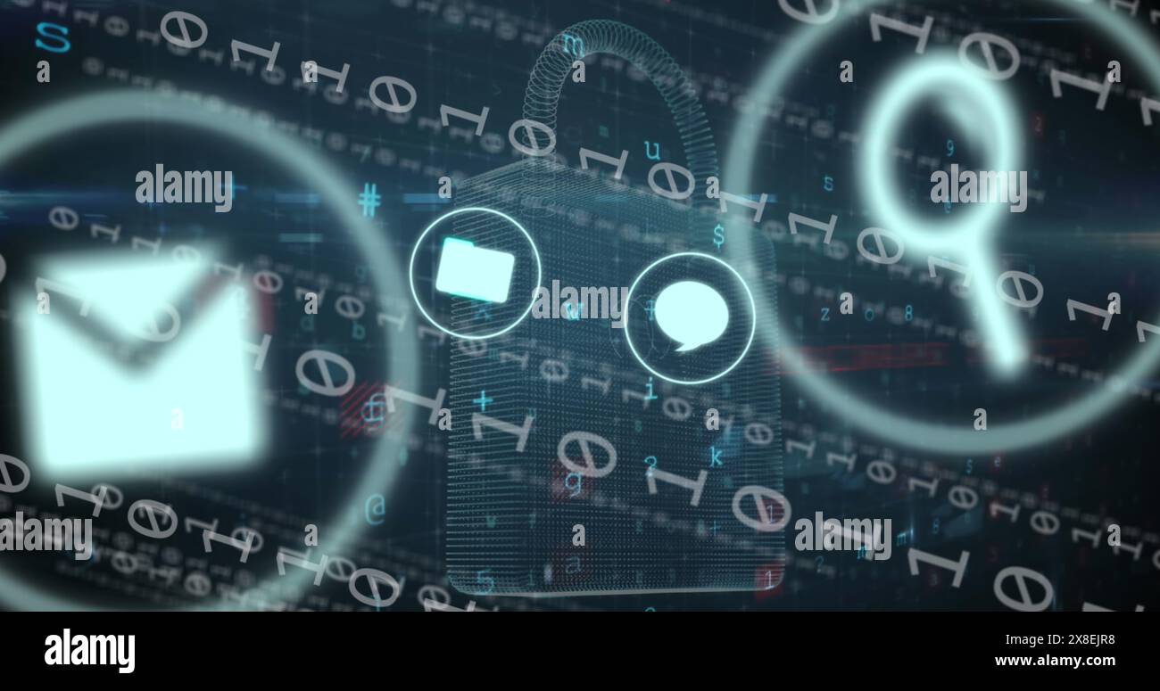 Image of multiple icon in circles, binary codes, padlock, texts ...