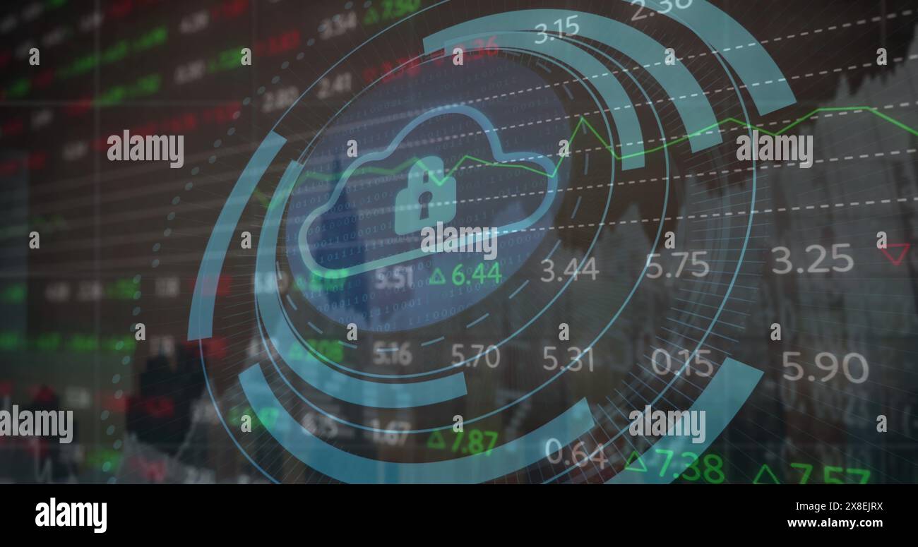 Image of padlock in cloud and circles over graphs and trading board ...