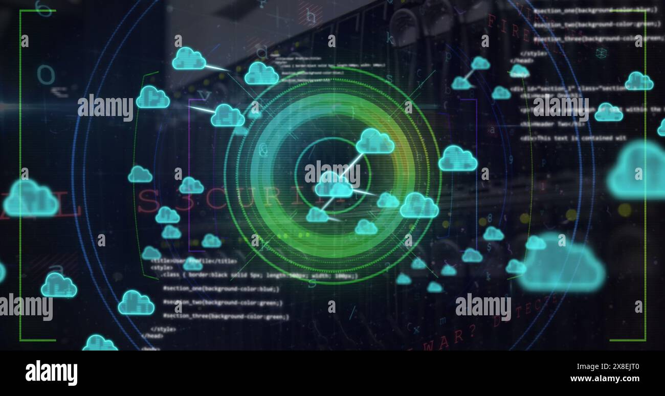 Image of clouds, circles, computer language, letters, texts, numbers, electronic equipment Stock ...