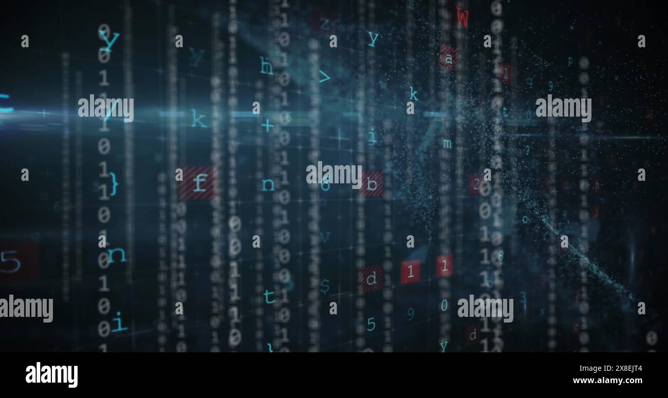 Image of multiple icon in circles, binary codes, padlock, texts, letters, numbers and symbols ...