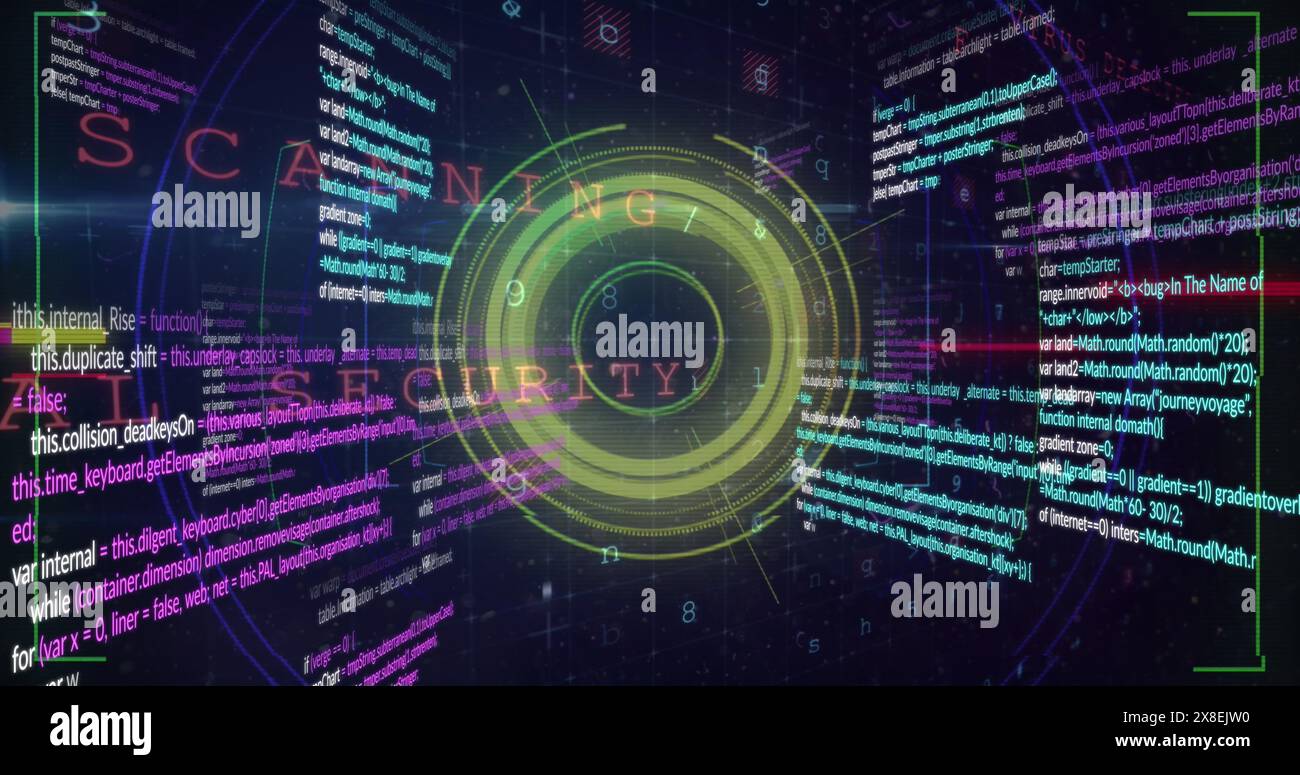 Image of cube in loading circles and computer language over letters, numbers, texts and symbols ...