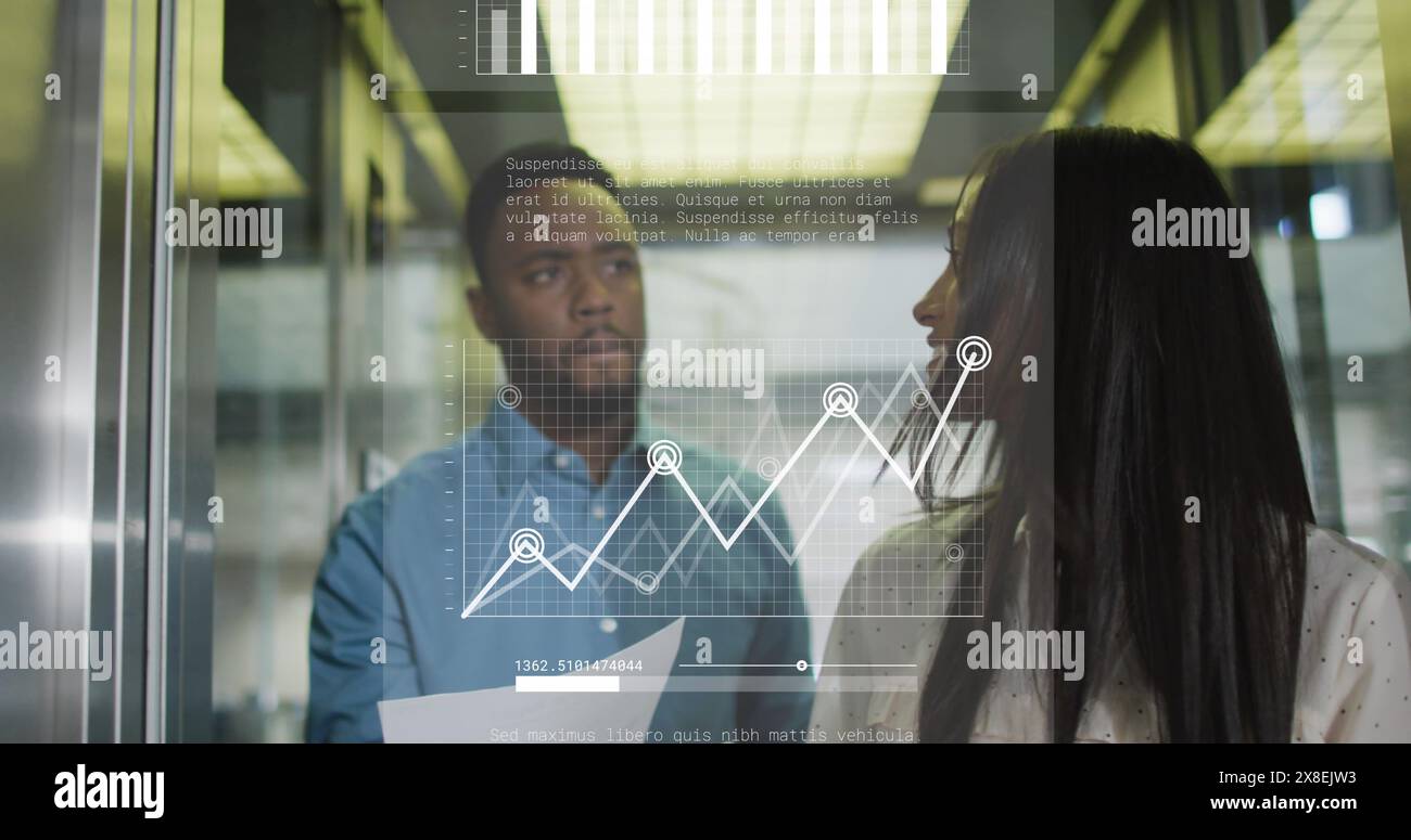 Image of graphs, loading bars over diverse coworkers discussing while ... Image of graphs, loading bars over diverse coworkers discussing while ...