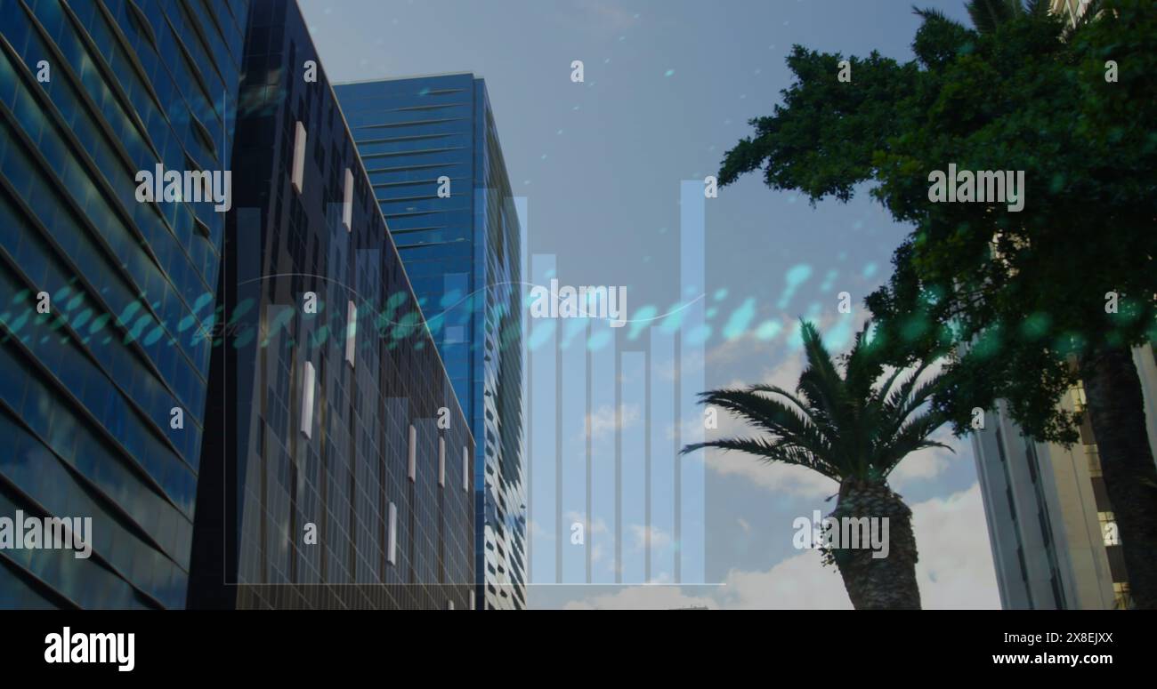 Image graphs, globe and changing numbers over low angle view of trees ...