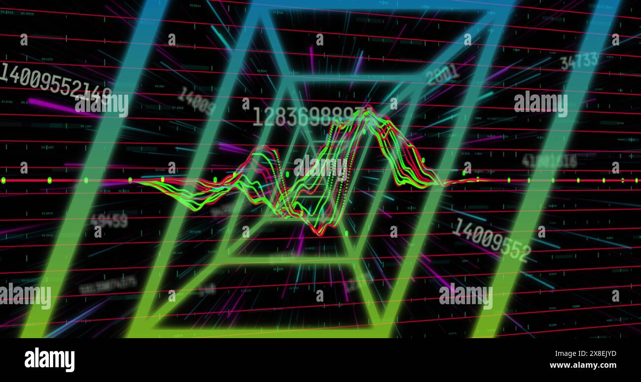 Image of neon tunnel in seamless pattern against changing numbers and data processing Stock ...