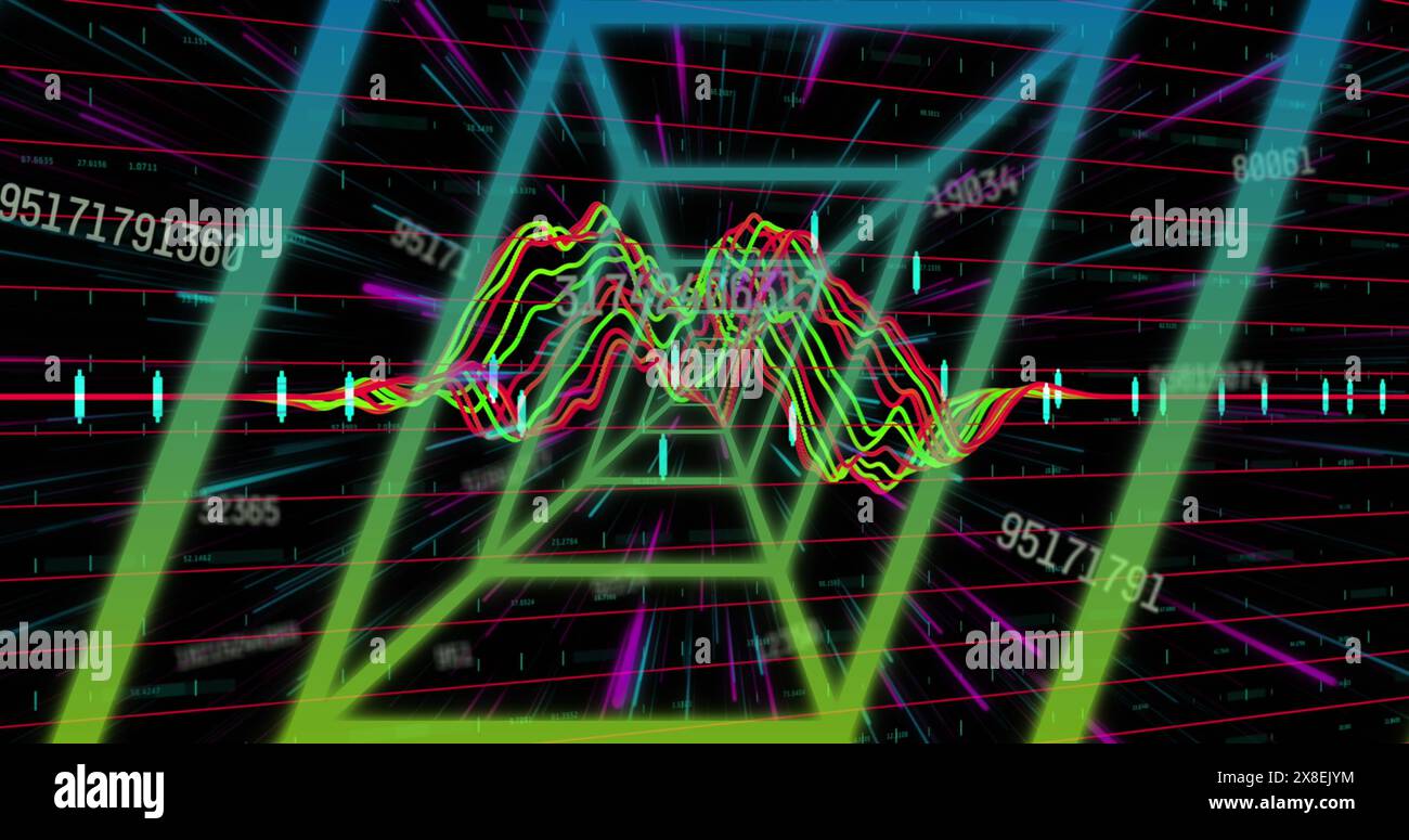 Image of neon tunnel in seamless pattern against changing numbers and data processing Stock ...
