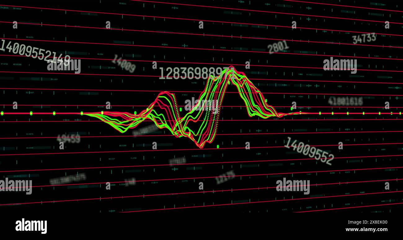 Image of circular neon shapes in seamless pattern against changing numbers and data processing ...