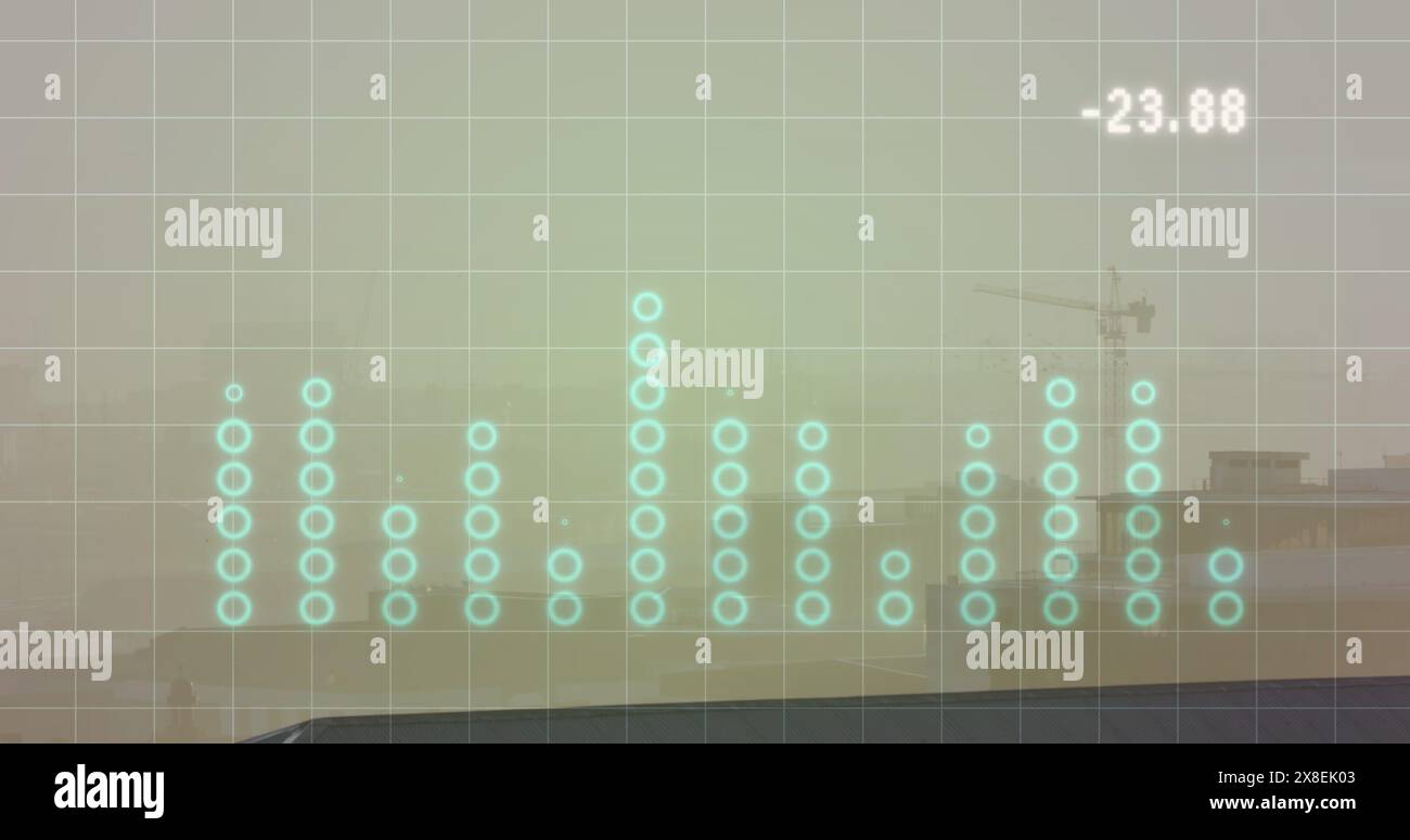 Image of graph, changing number and grid pattern over fog covered buildings Stock Photo - Alamy