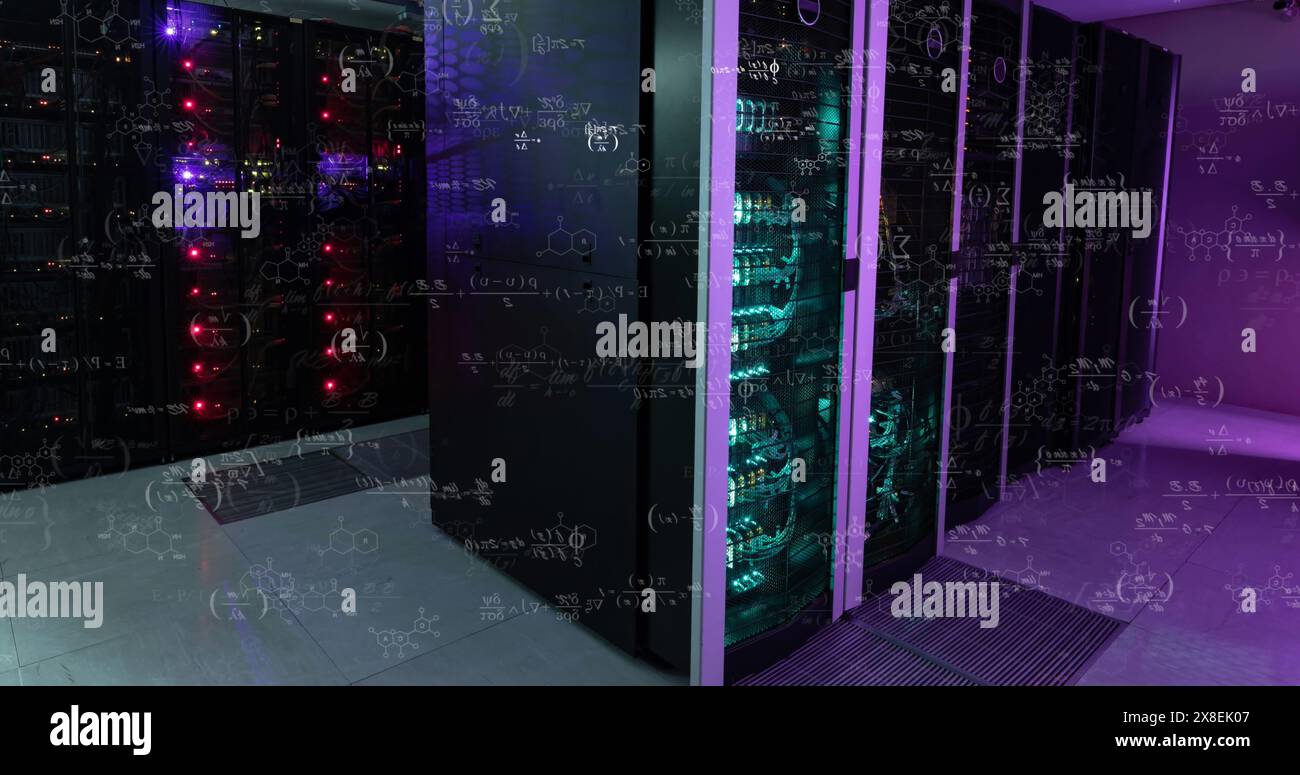 Image of mathematical equations floating against computer server room ...