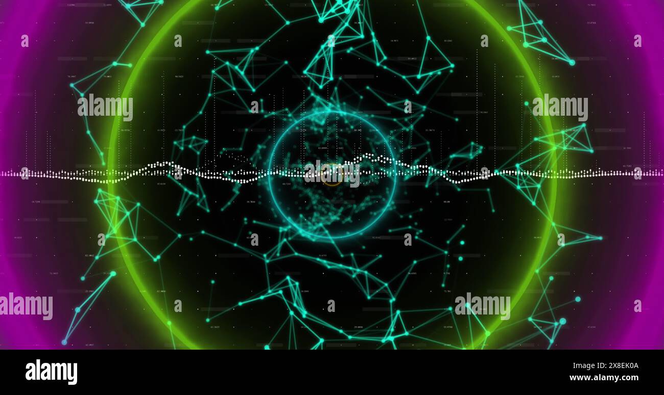 Image of circular neon shapes in seamless pattern against network of ...