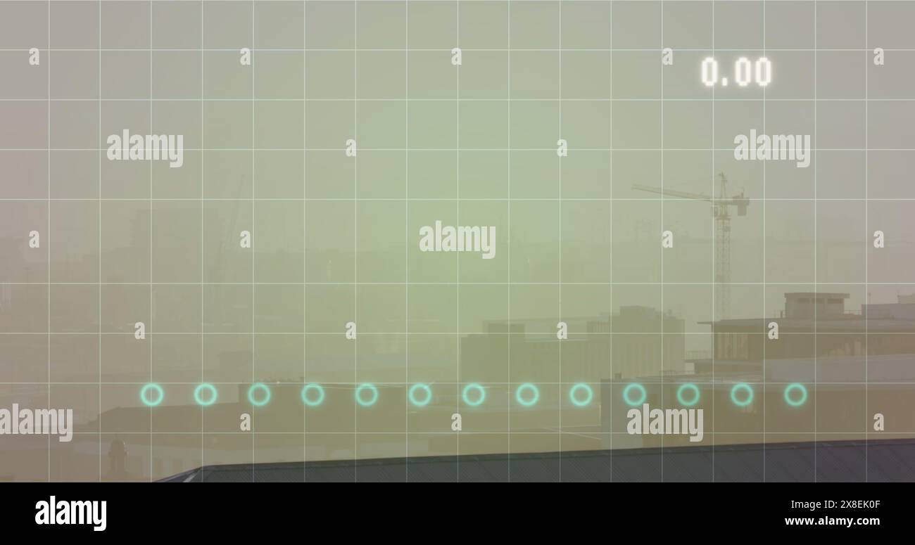 Image of graph, changing number and grid pattern over fog covered buildings Stock Photo - Alamy