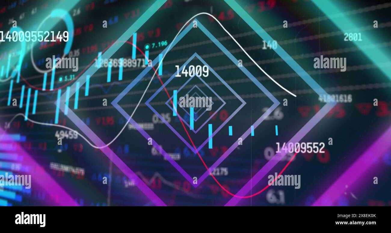 Image of neon tunnel in seamless pattern over changing numbers and stock market data processing ...