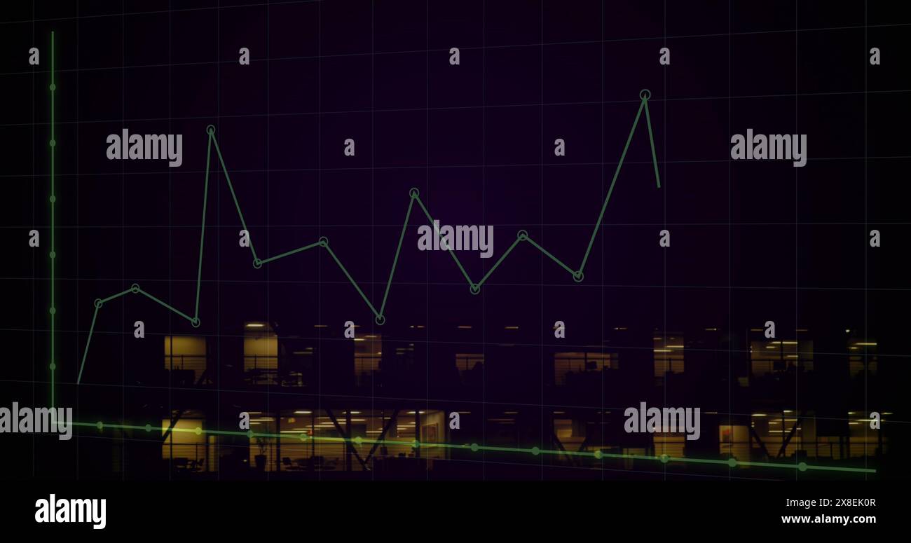 Image of graphs and grid pattern over illuminated modern building in ...