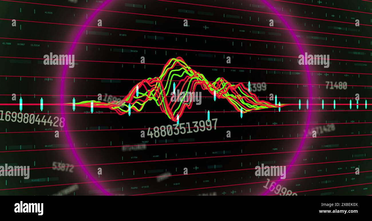 Image of circular neon shapes in seamless pattern against changing numbers and data processing ...