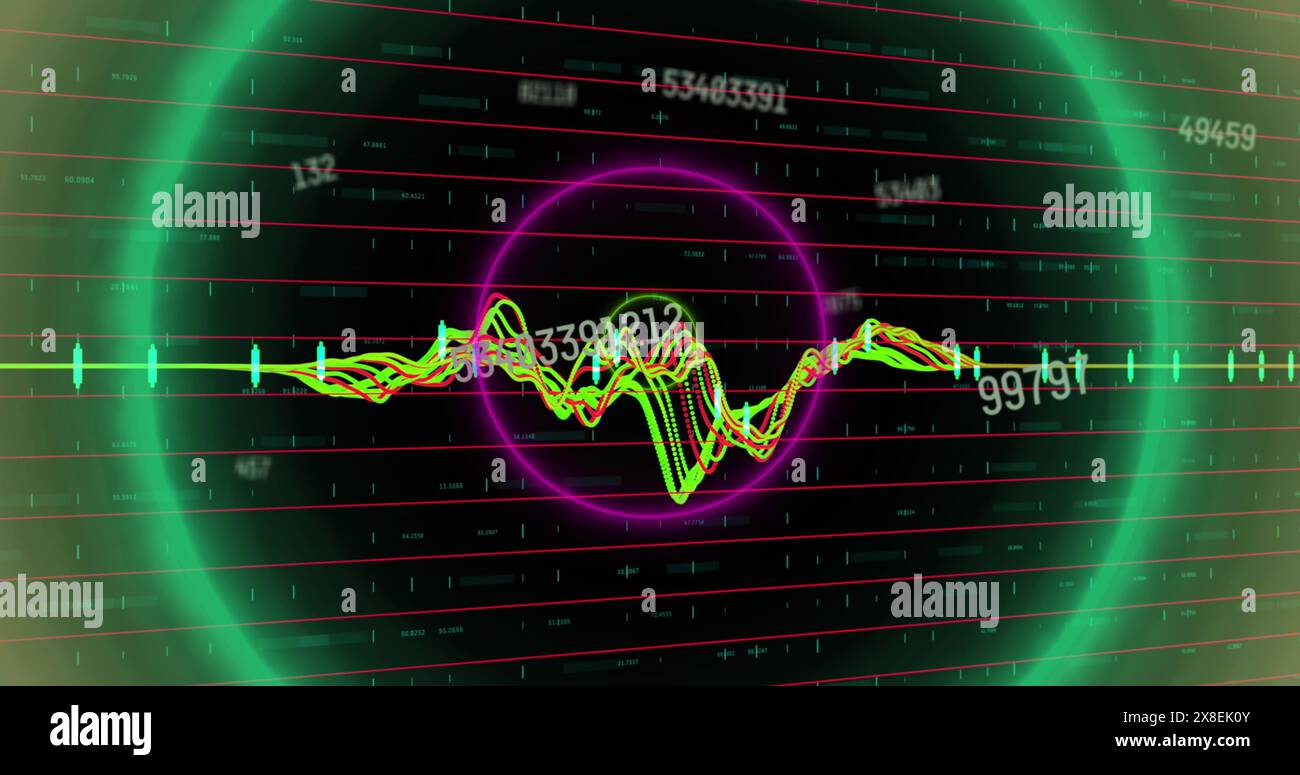 Image of circular neon shapes in seamless pattern against changing numbers and data processing ...