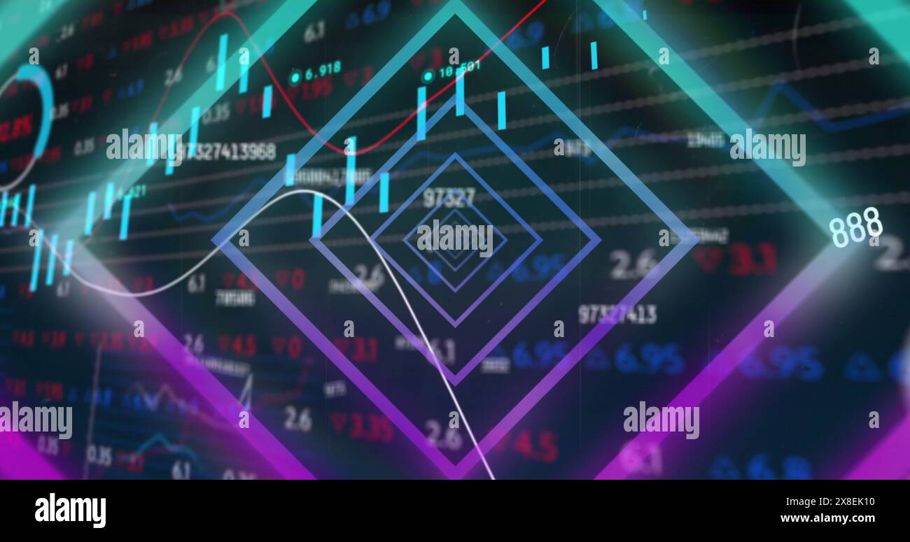 Image of neon tunnel in seamless pattern over changing numbers and stock market data processing ...