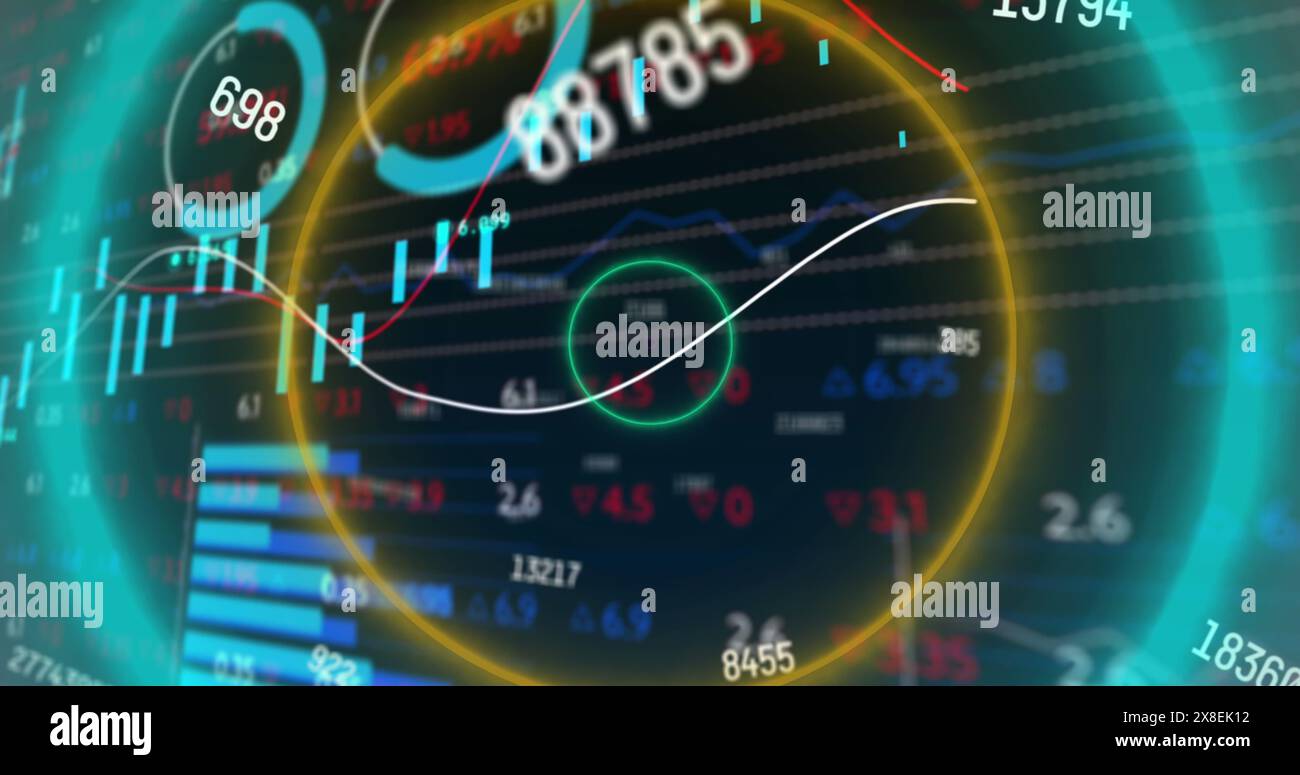 Image of circular neon shapes in seamless pattern over statistical, stock market data processing ...